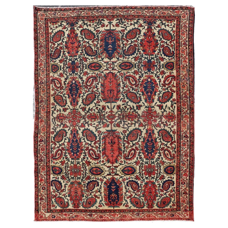 Antique Persian Fine Malayer Rug with All-Over Design in Ivory, Red ...