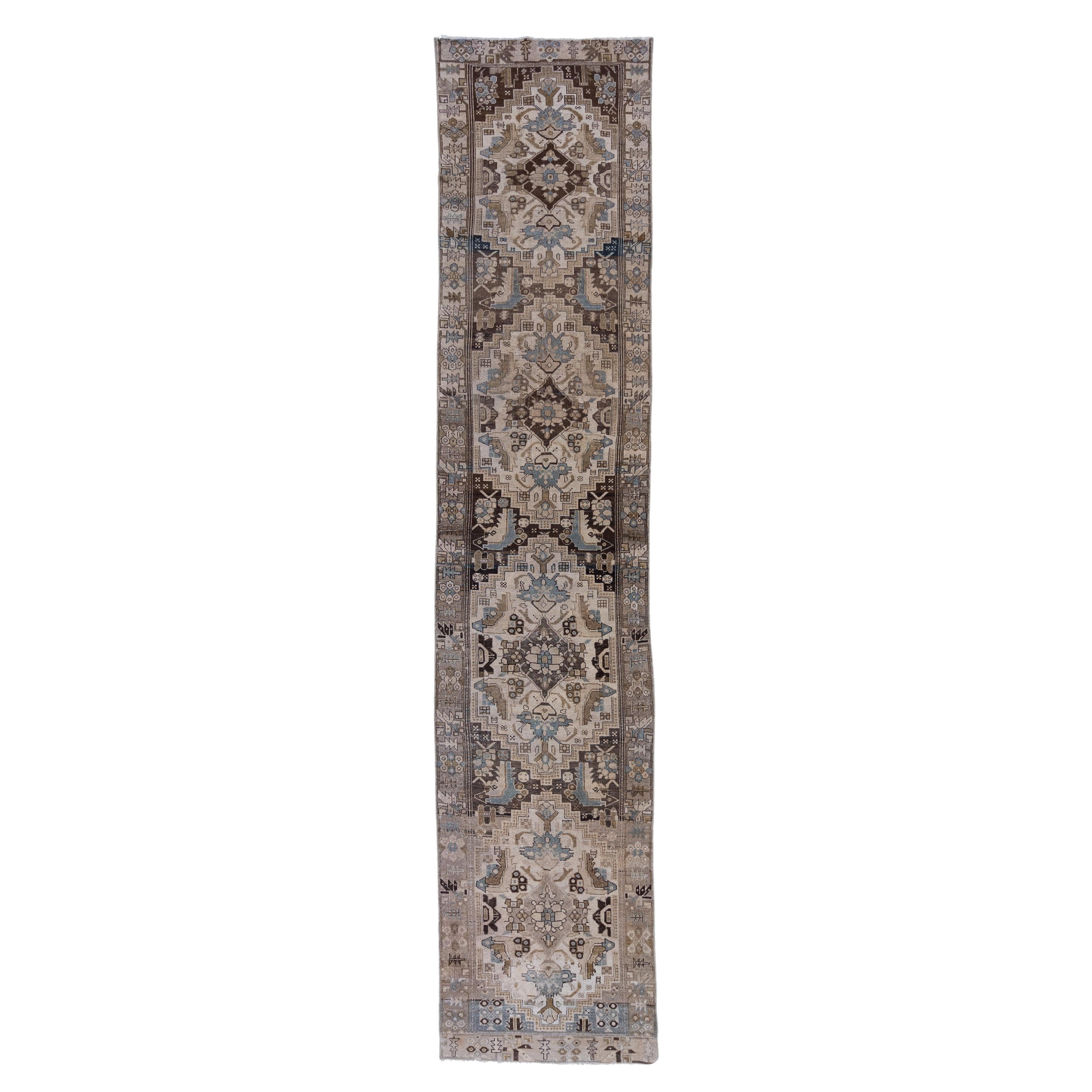 Antique Distressed Beige Persian Hamadan Runner Rug For Sale at 1stDibs