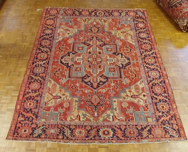 Antique Persian Heriz, Geometric Serapi Design, Rust Gold Blue, Wool ...