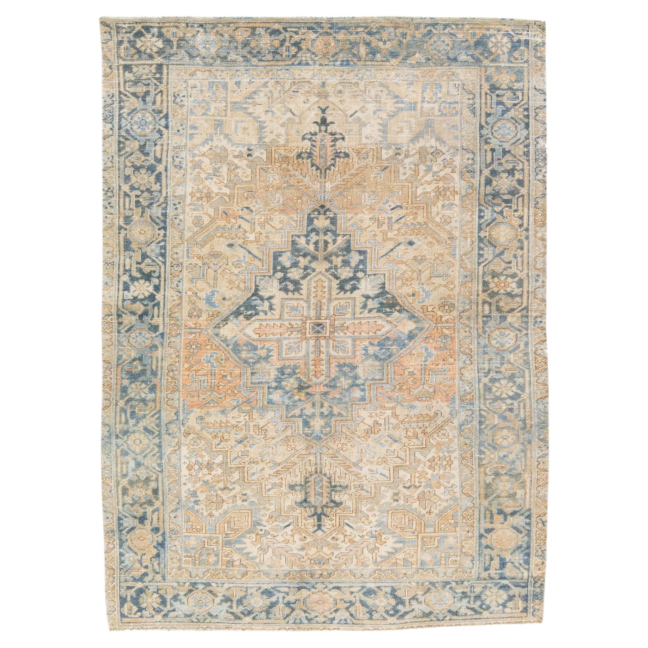 Beige Antique Persian Heriz Handmade Room Size Wool Rug with Medallion ...