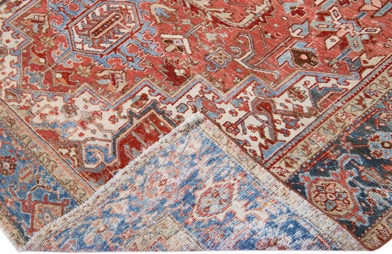 Antique Persian Heriz Handmade Rust Wool Rug with Medallion Design For ...