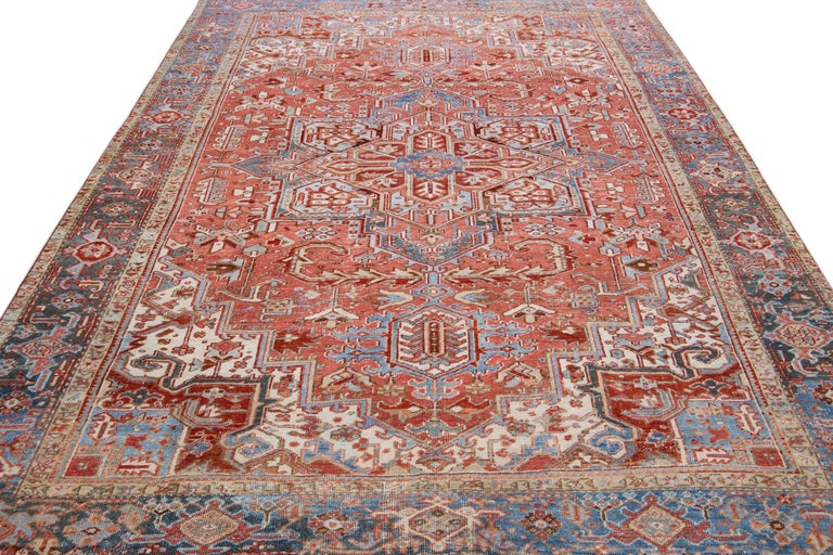 Antique Persian Heriz Handmade Rust Wool Rug with Medallion Design For ...