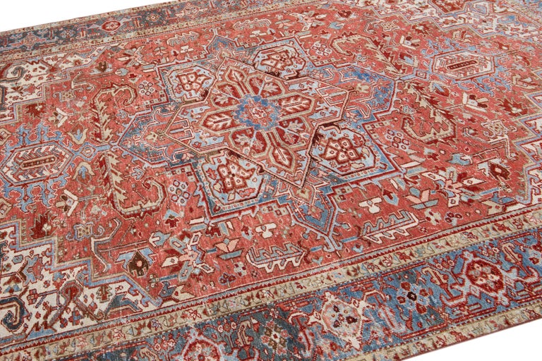 Antique Persian Heriz Handmade Rust Wool Rug with Medallion Design For ...