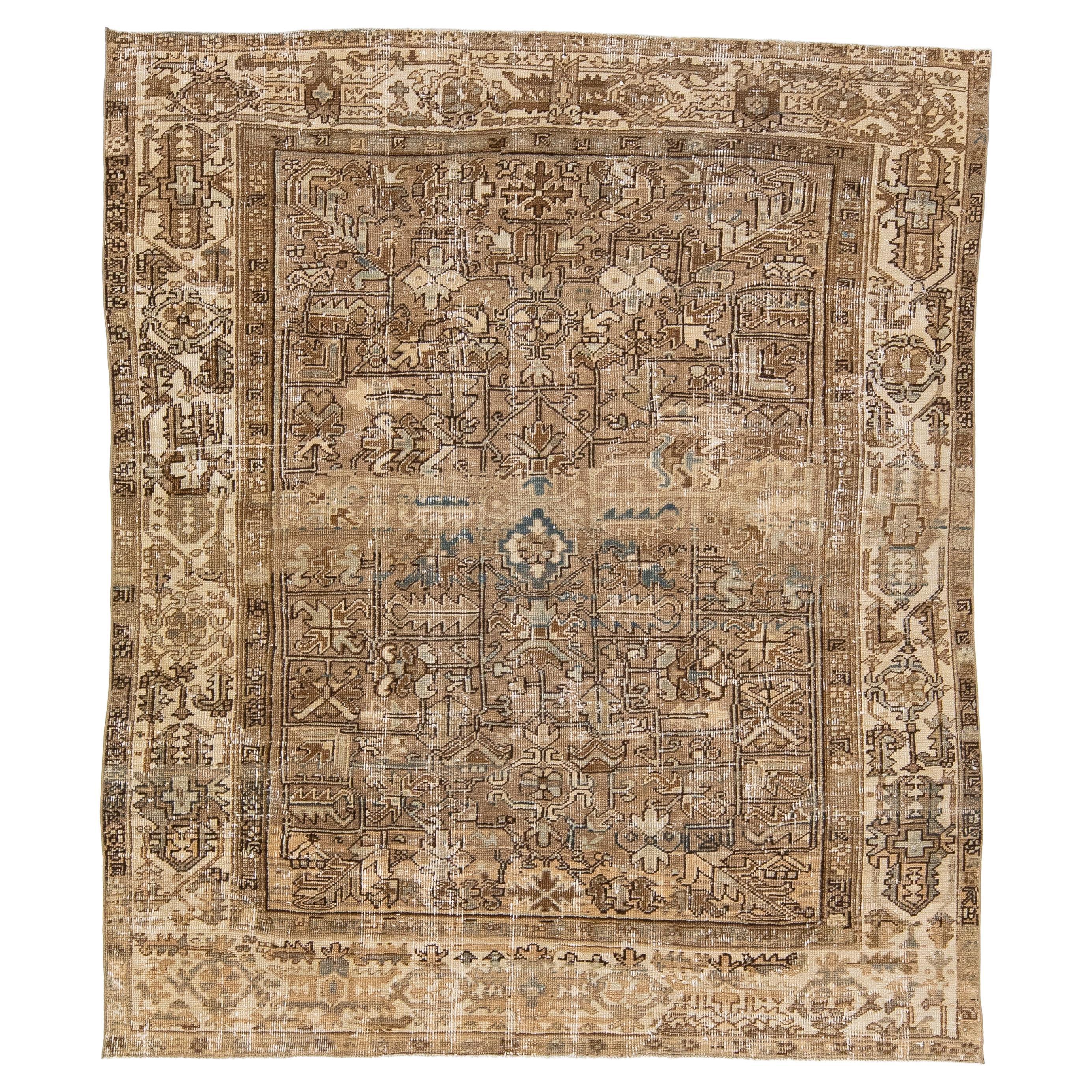 Handmade Tan Antique Persian Kirman Wool Rug with Allover Floral Motif ...