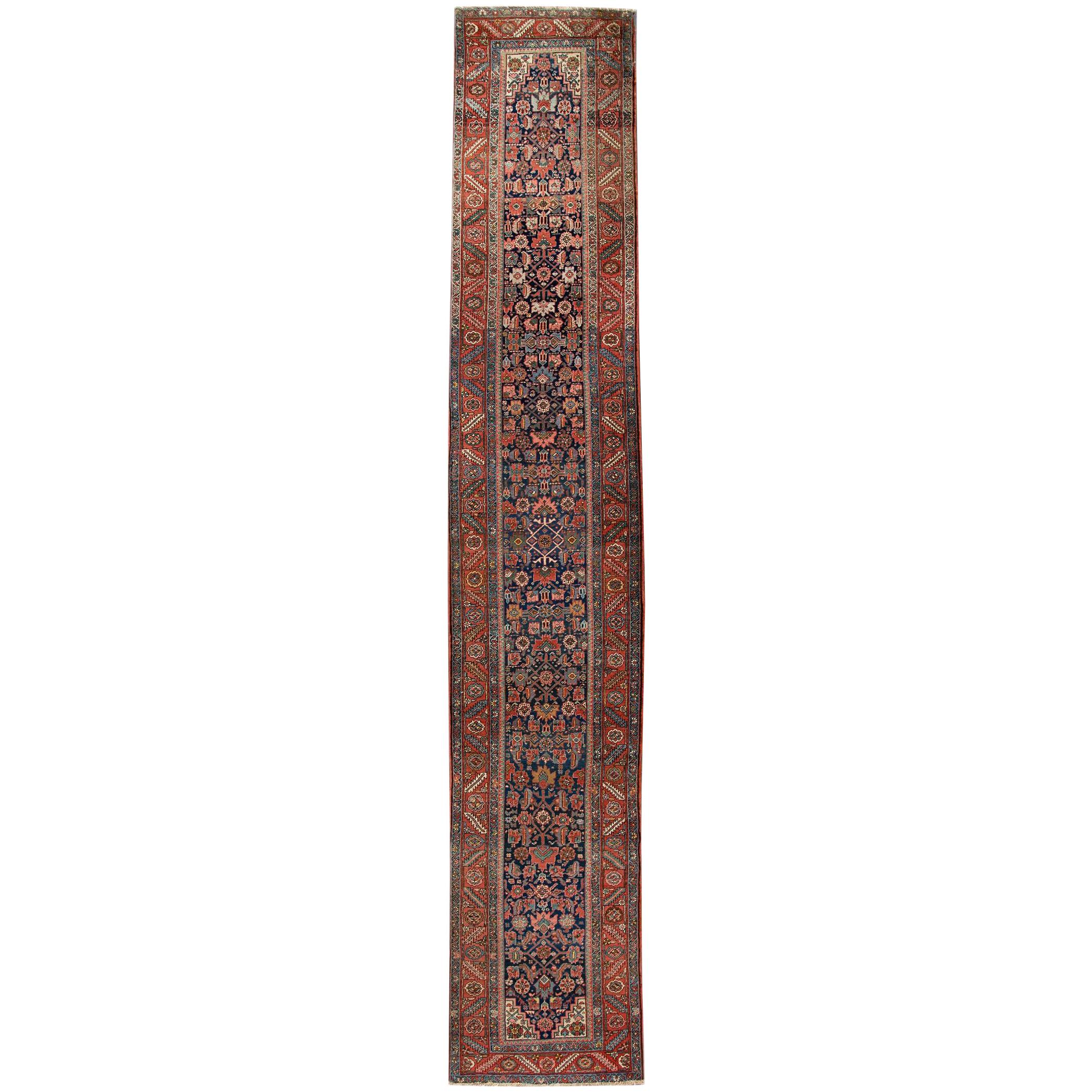 Antique Persian Heriz Runner Rug with Brown Tribal Motifs on Ivory ...