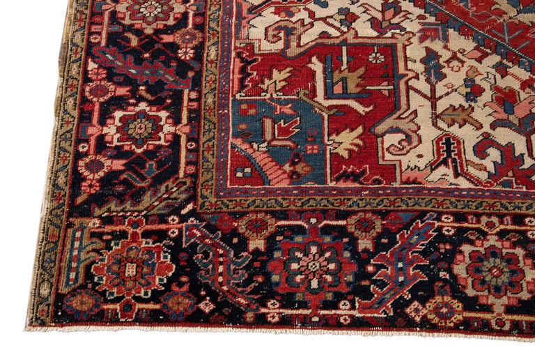 Antique Persian Heriz Red Medallion Wool Rug For Sale at 1stDibs