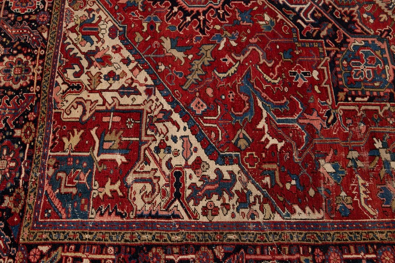 Antique Persian Heriz Red Medallion Wool Rug For Sale at 1stDibs