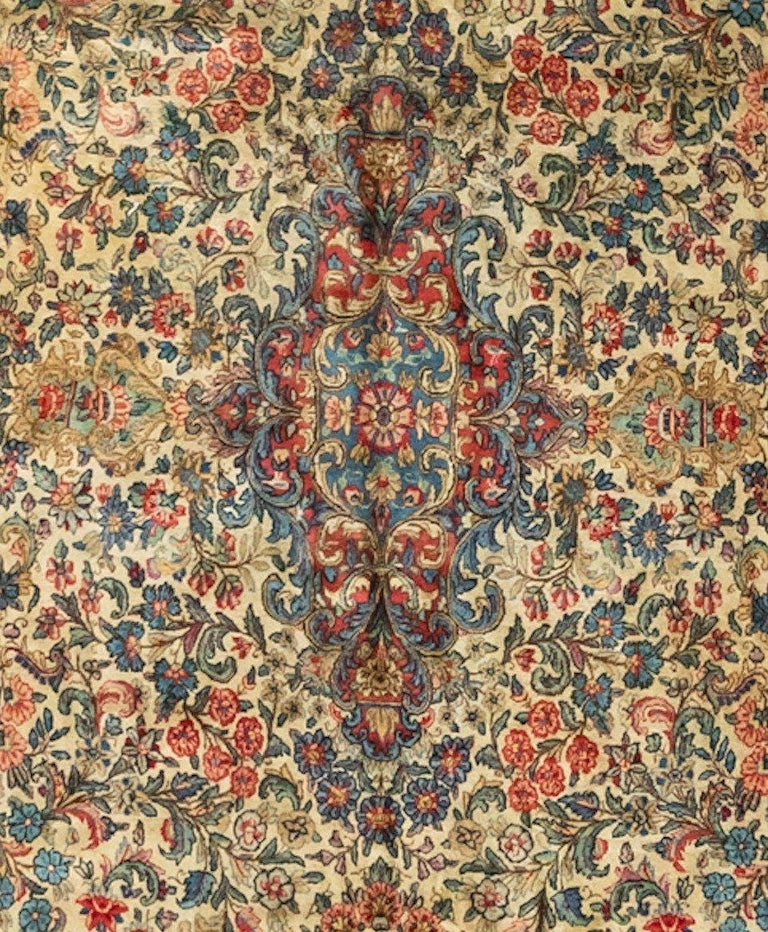 Oversize Antique Persian Ivory and Blue Floral Kirman Rug, circa 1920s ...