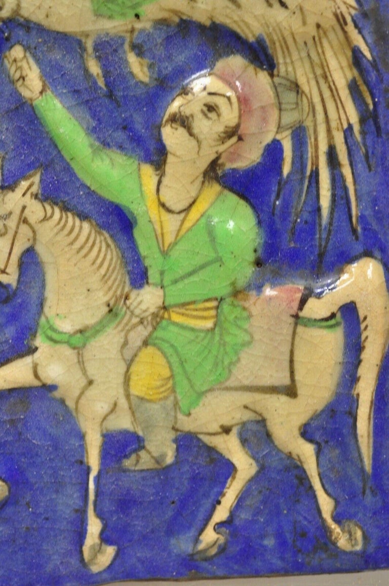 Antique Persian Iznik Qajar Style Blue Ceramic Pottery Tile Rider and ...