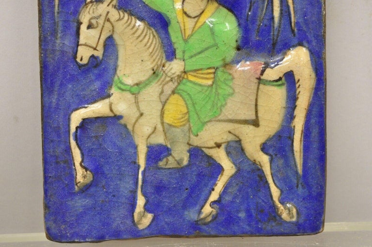 Antique Persian Iznik Qajar Style Blue Ceramic Pottery Tile Rider and ...