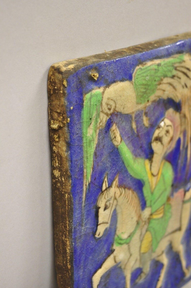 Antique Persian Iznik Qajar Style Blue Ceramic Pottery Tile Rider and ...