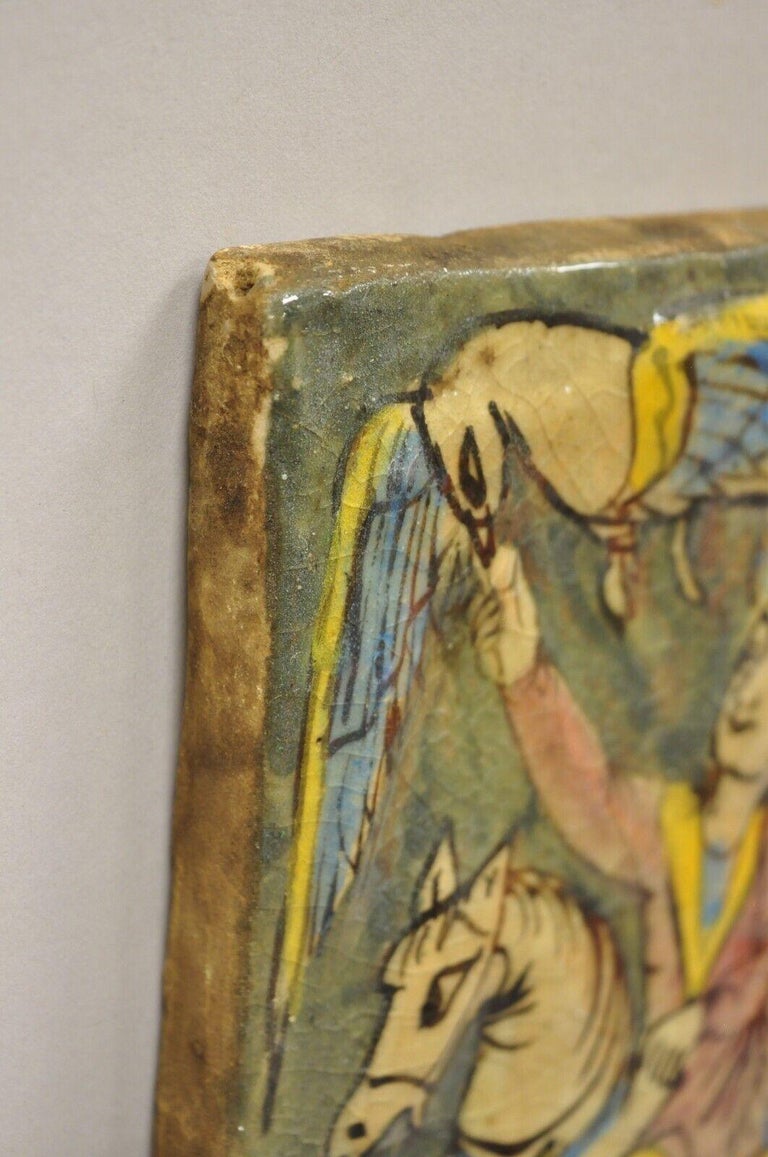 Antique Persian Iznik Qajar Style Ceramic Pottery Green Tile Phoenix ...