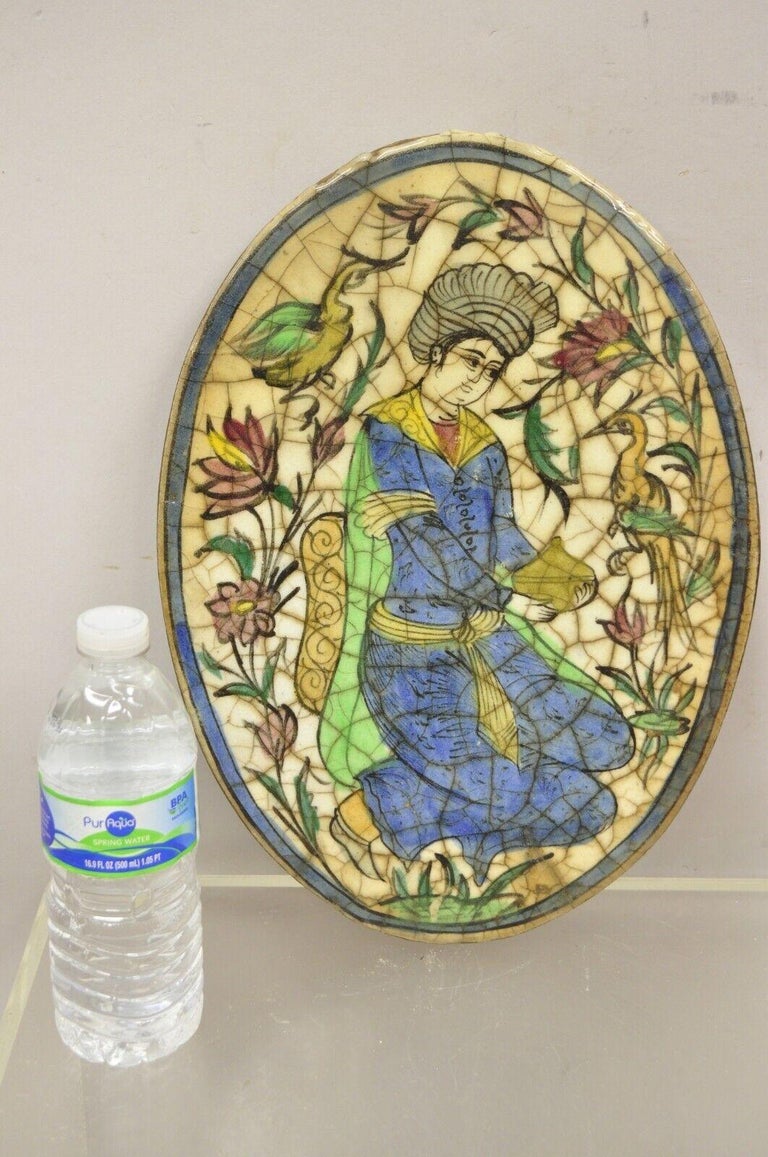 Antique Persian Iznik Qajar Style Ceramic Pottery Oval Tile Blue Figure ...