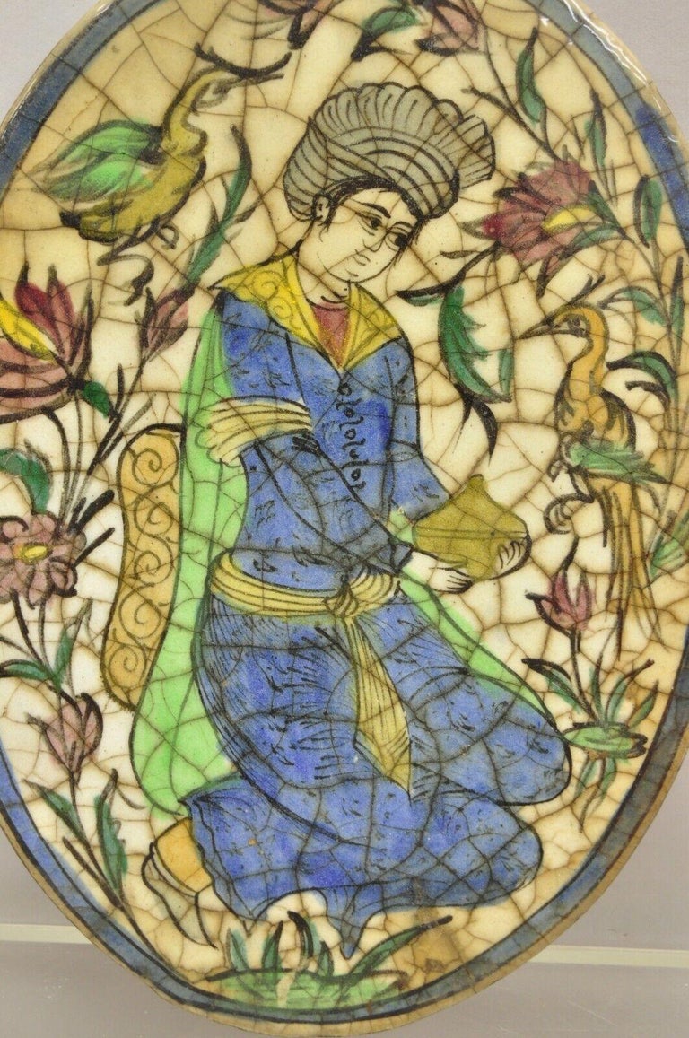 Antique Persian Iznik Qajar Style Ceramic Pottery Oval Tile Blue Figure ...