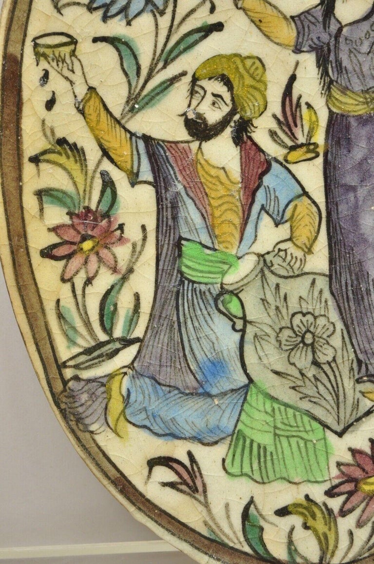 Antique Persian Iznik Qajar Style Ceramic Pottery Oval Tile Jugs Man ...