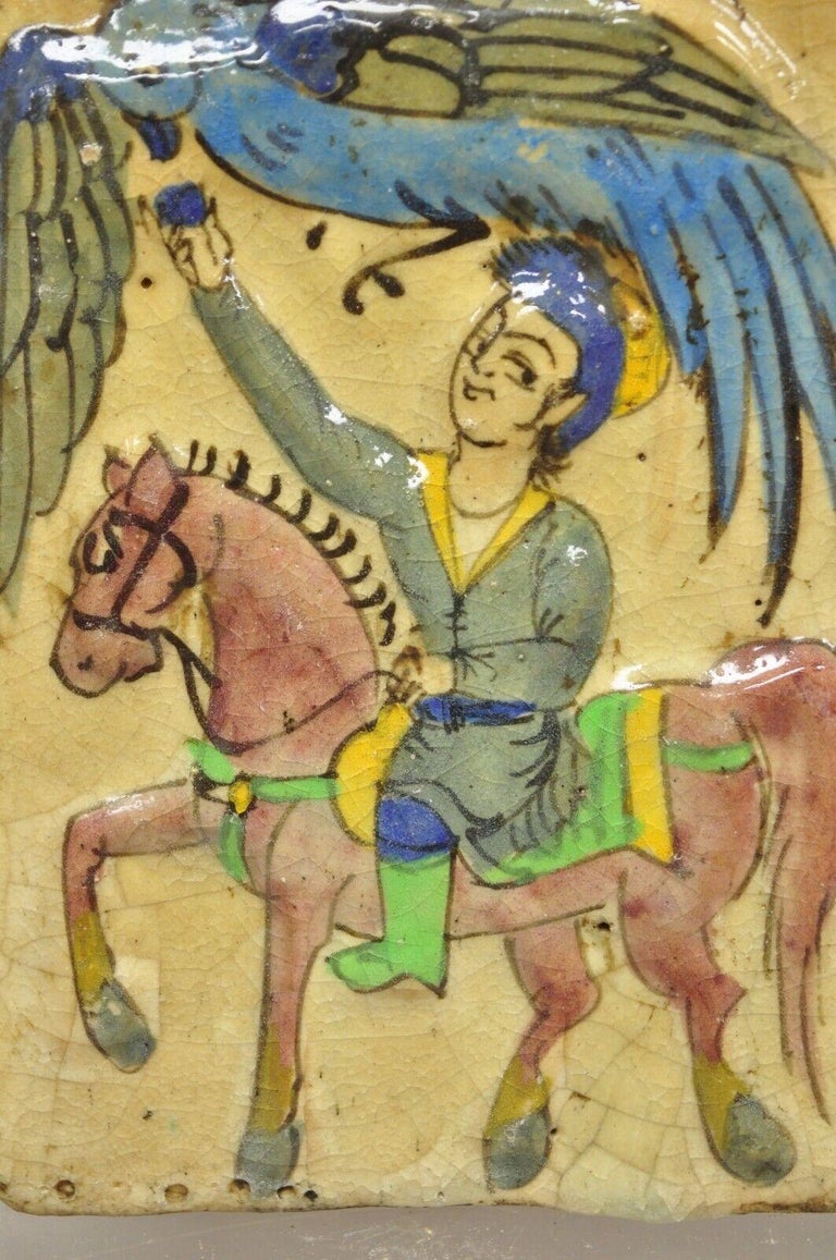 Antique Persian Iznik Qajar Style Ceramic Pottery Tile Beige Phoenix ...