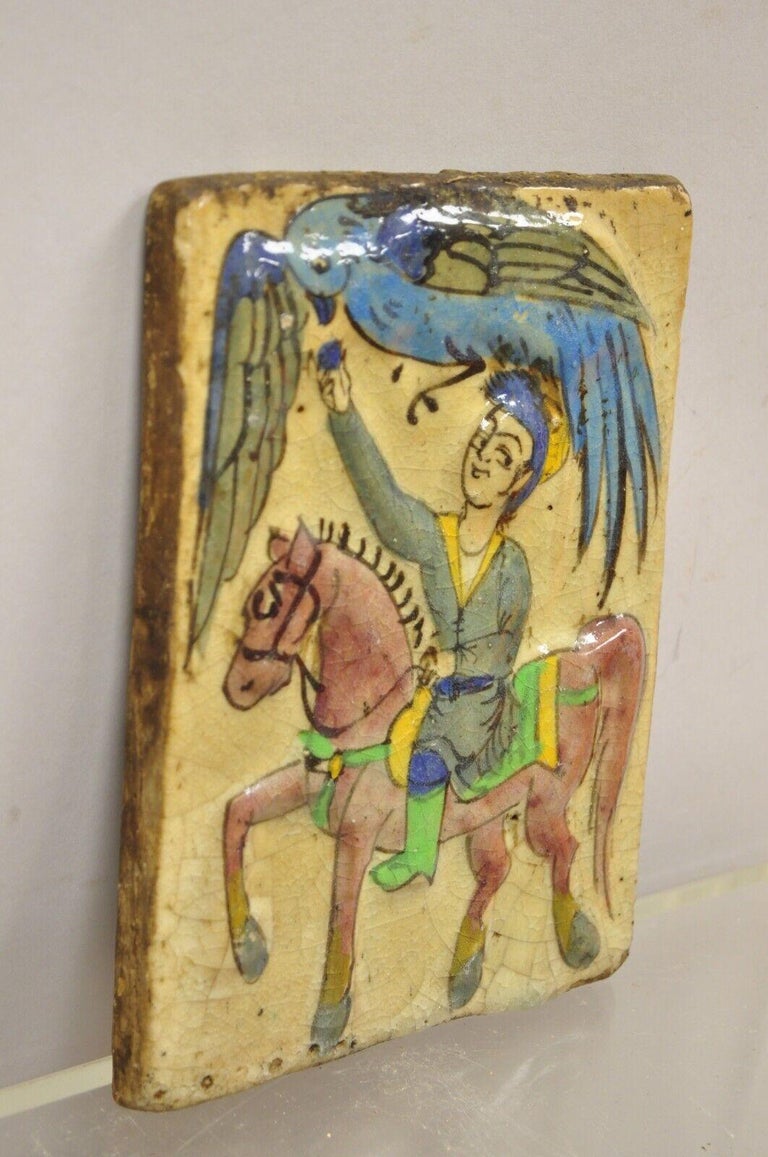 Antique Persian Iznik Qajar Style Ceramic Pottery Tile Beige Phoenix ...