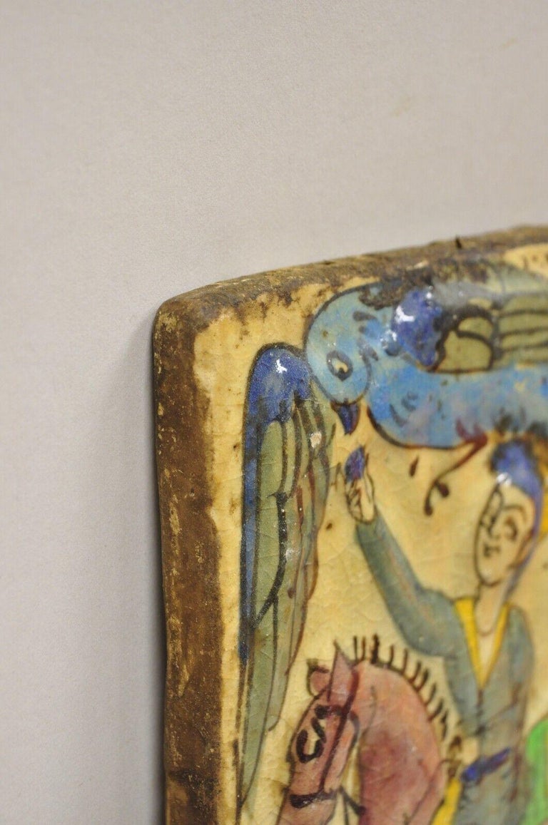 Antique Persian Iznik Qajar Style Ceramic Pottery Tile Beige Phoenix ...