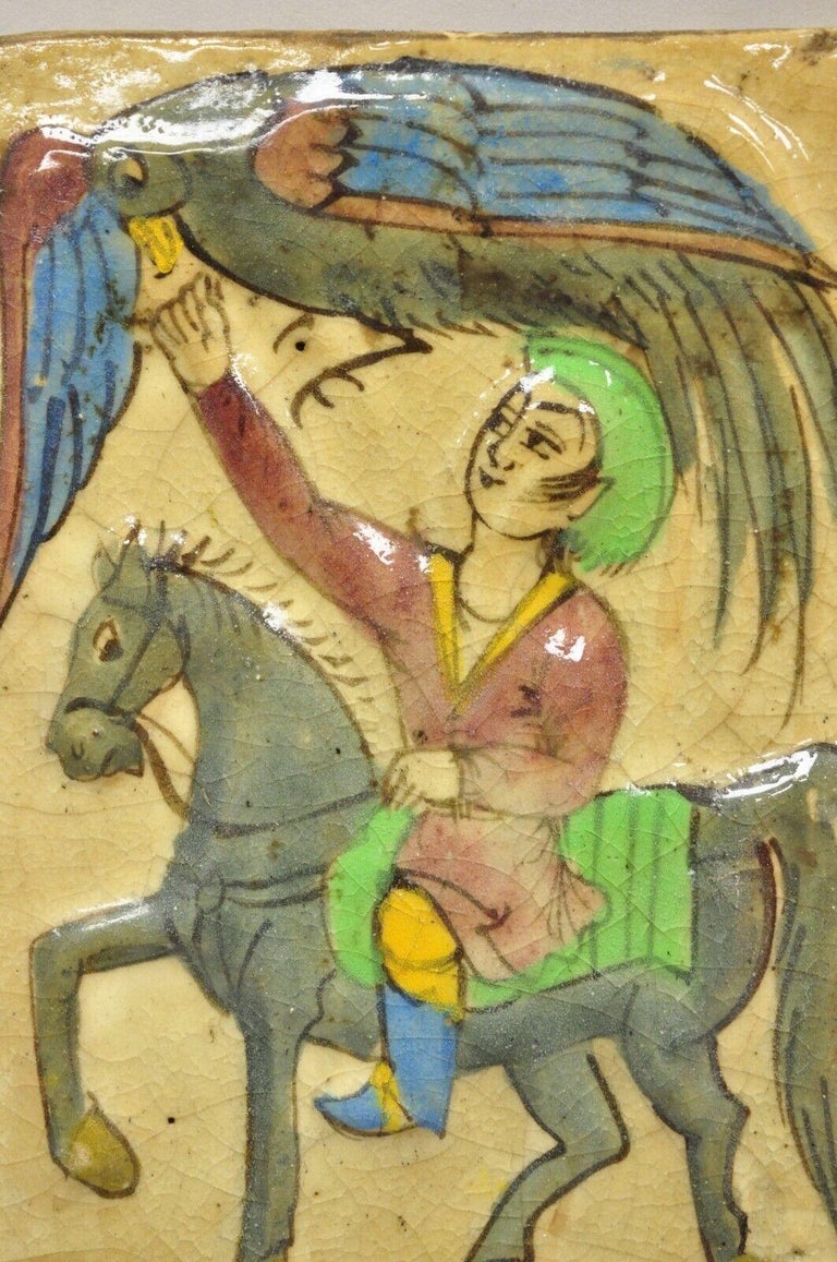 Antique Persian Iznik Qajar Style Ceramic Pottery Tile Blue Phoenix ...