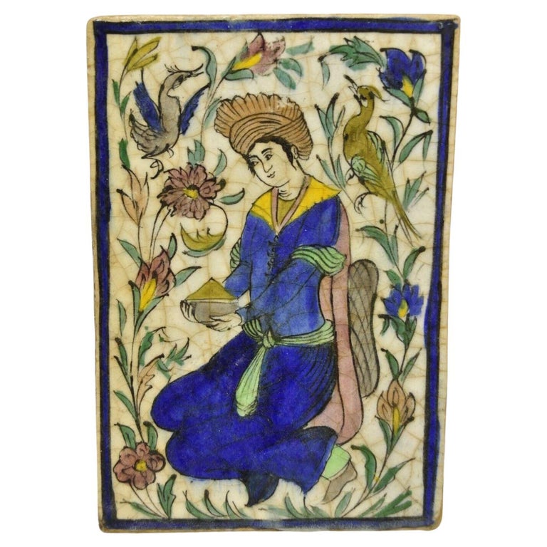 Antique Persian Iznik Qajar Style Ceramic Pottery Tile Figure with Blue ...