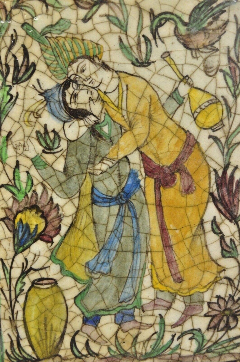 Antique Persian Iznik Qajar Style Ceramic Pottery Tile Green Man Lady ...