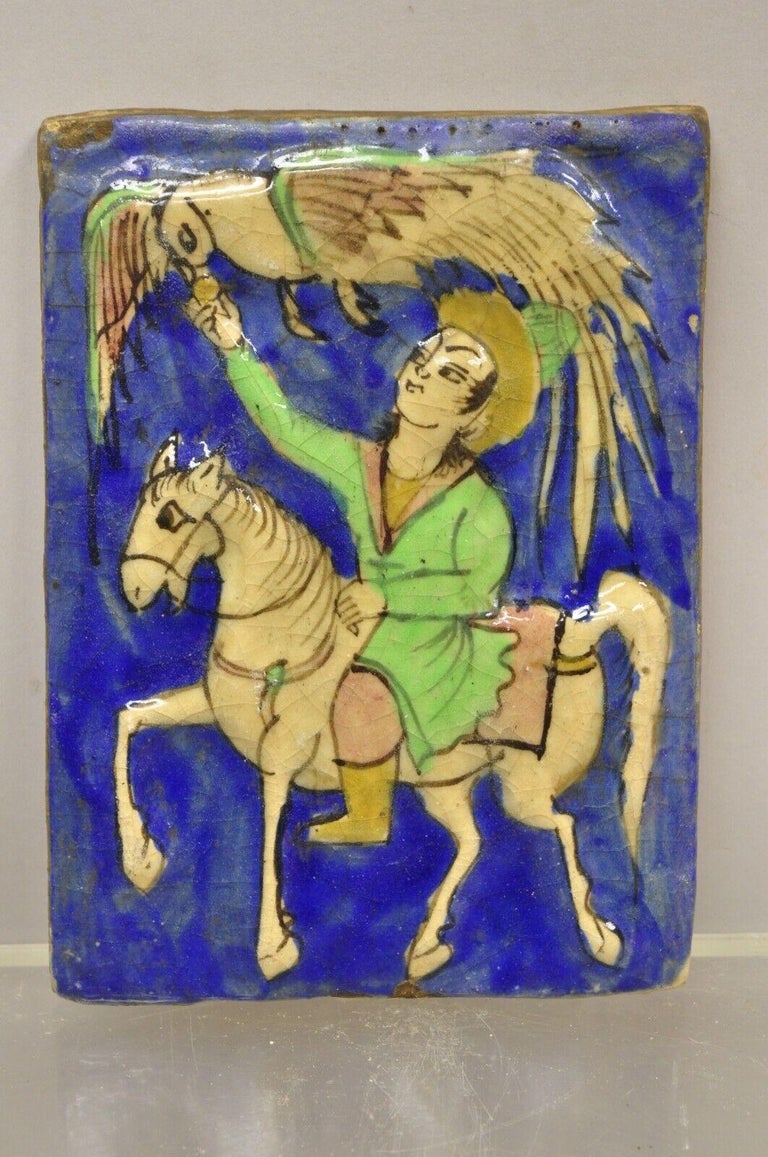 Antique Persian Iznik Qajar Style Ceramic Pottery Tile Green Rider ...