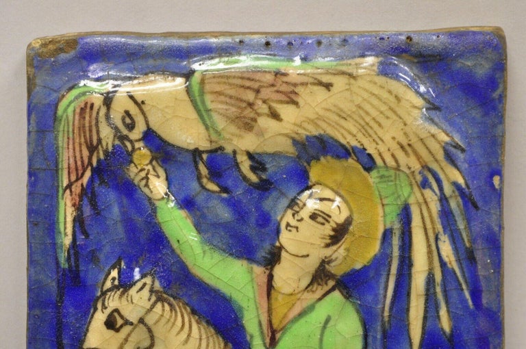 Antique Persian Iznik Qajar Style Ceramic Pottery Tile Green Rider ...