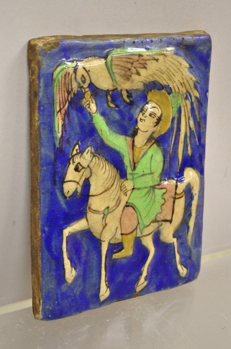Antique Persian Iznik Qajar Style Ceramic Pottery Tile Green Rider ...