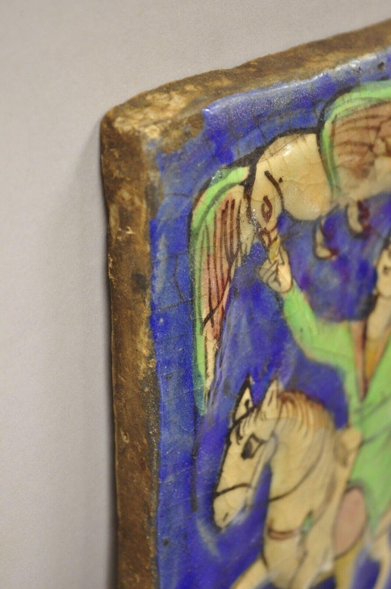 Antique Persian Iznik Qajar Style Ceramic Pottery Tile Green Rider ...