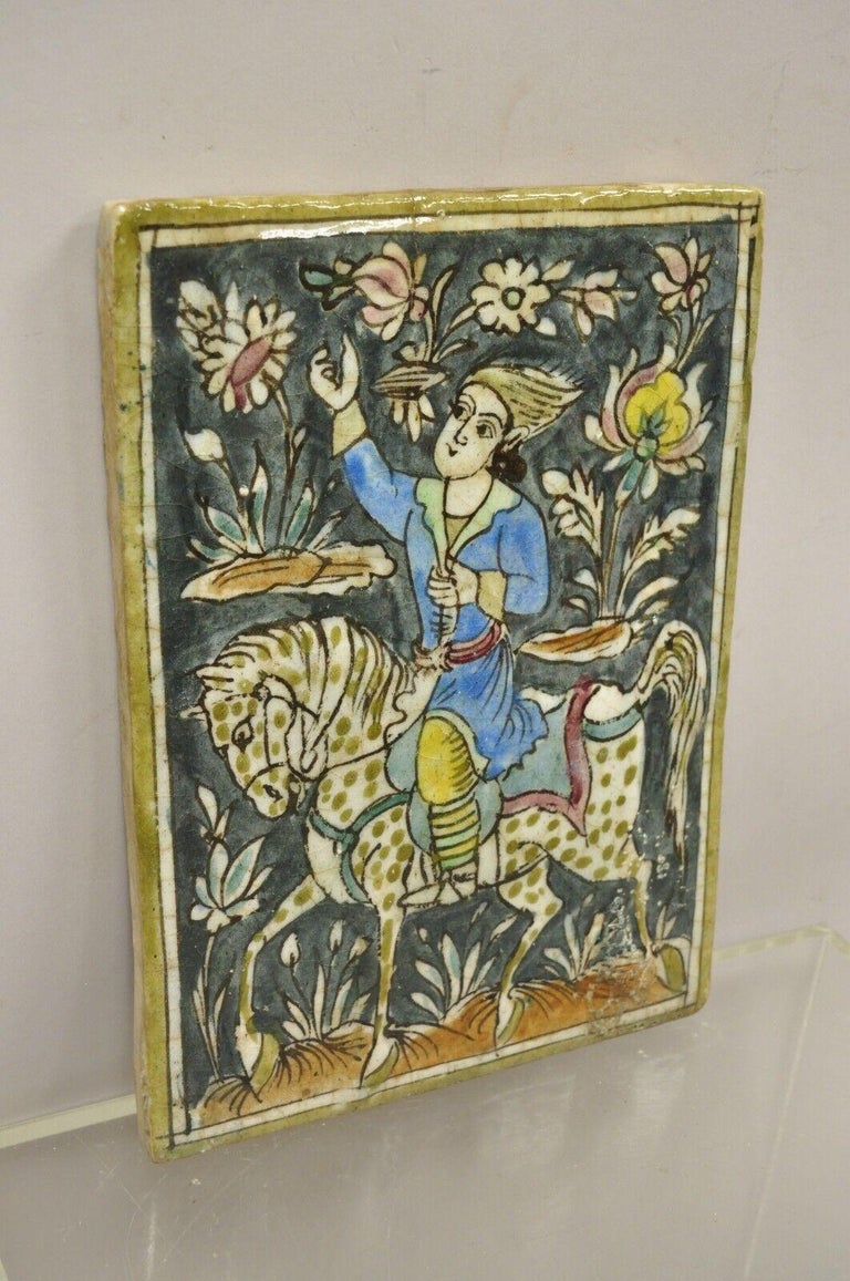 Antique Persian Iznik Qajar Style Ceramic Pottery Tile Green Spotted ...