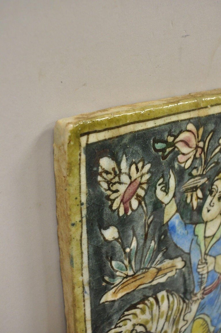 Antique Persian Iznik Qajar Style Ceramic Pottery Tile Green Spotted ...