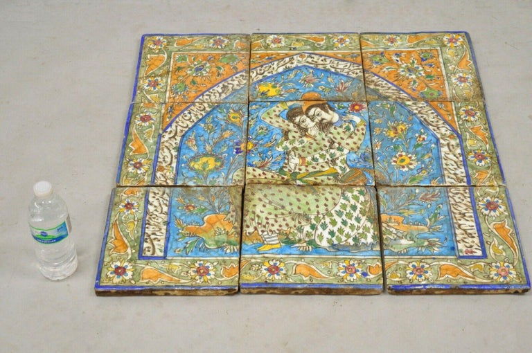 Antique Persian Iznik Qajar Style Ceramic Pottery Tile Man and Woman ...
