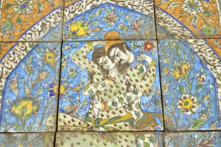 Antique Persian Iznik Qajar Style Ceramic Pottery Tile Man and Woman ...