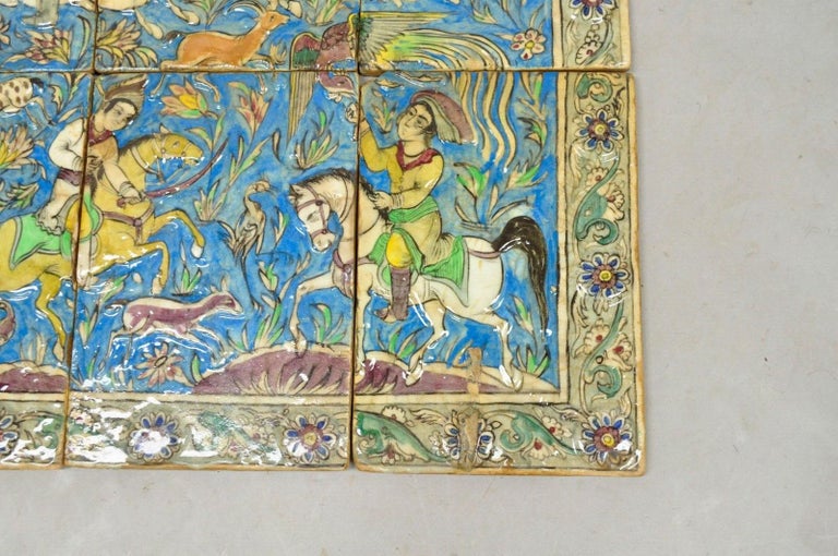 Antique Persian Iznik Qajar Style Ceramic Pottery Tile Mosaic Hunt ...