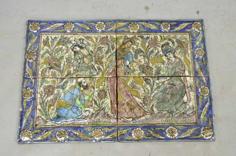 Antique Persian Iznik Qajar Style Ceramic Pottery Tile Mosaic Woman and ...
