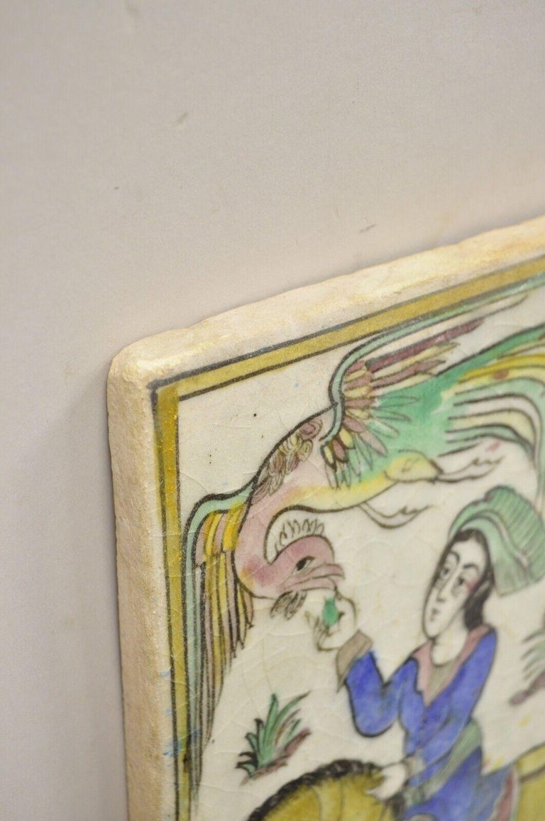 Antique Persian Iznik Qajar Style Ceramic Pottery Tile Phoenix Horse ...
