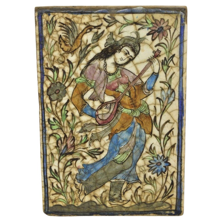 Antique Persian Iznik Qajar Style Ceramic Pottery Tile Woman Guitar ...