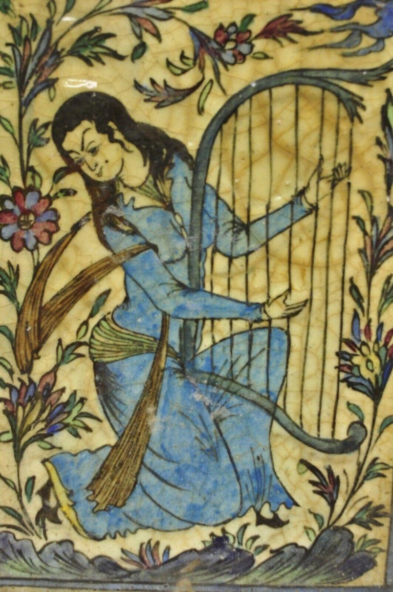 Antique Persian Iznik Qajar Style Ceramic Pottery Tile Woman Playing ...
