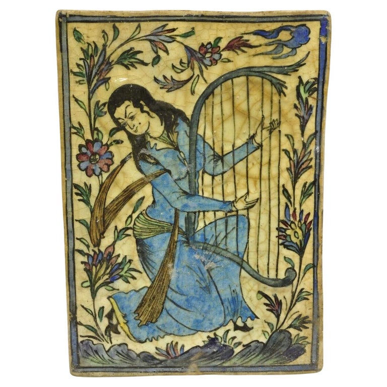 Antique Persian Iznik Qajar Style Ceramic Pottery Tile Woman Playing ...