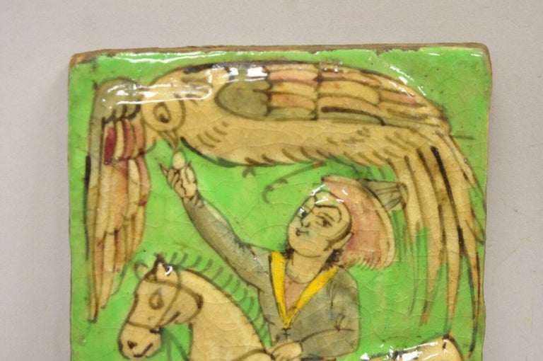 Antique Persian Iznik Qajar Style Green Ceramic Pottery Tile Phoenix ...