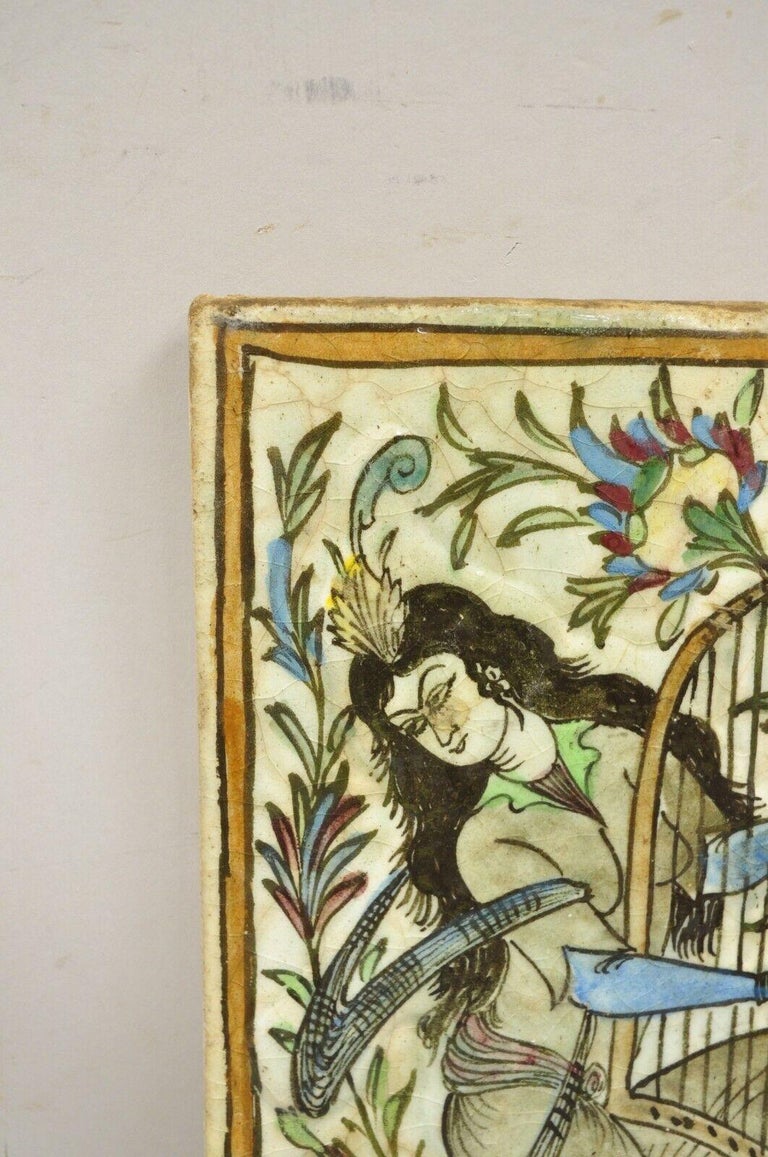 Antique Persian Iznik Qajar Style Large Ceramic Pottery Tile Woman with ...