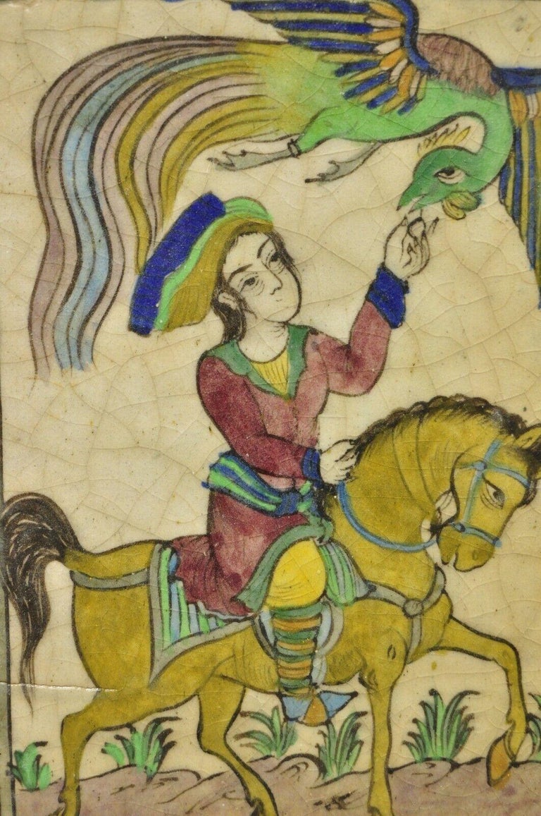 Antique Persian Iznik Qajar Style Lrg Ceramic Pottery Tile Bird Horse ...