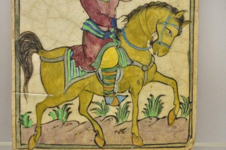 Antique Persian Iznik Qajar Style Lrg Ceramic Pottery Tile Bird Horse ...