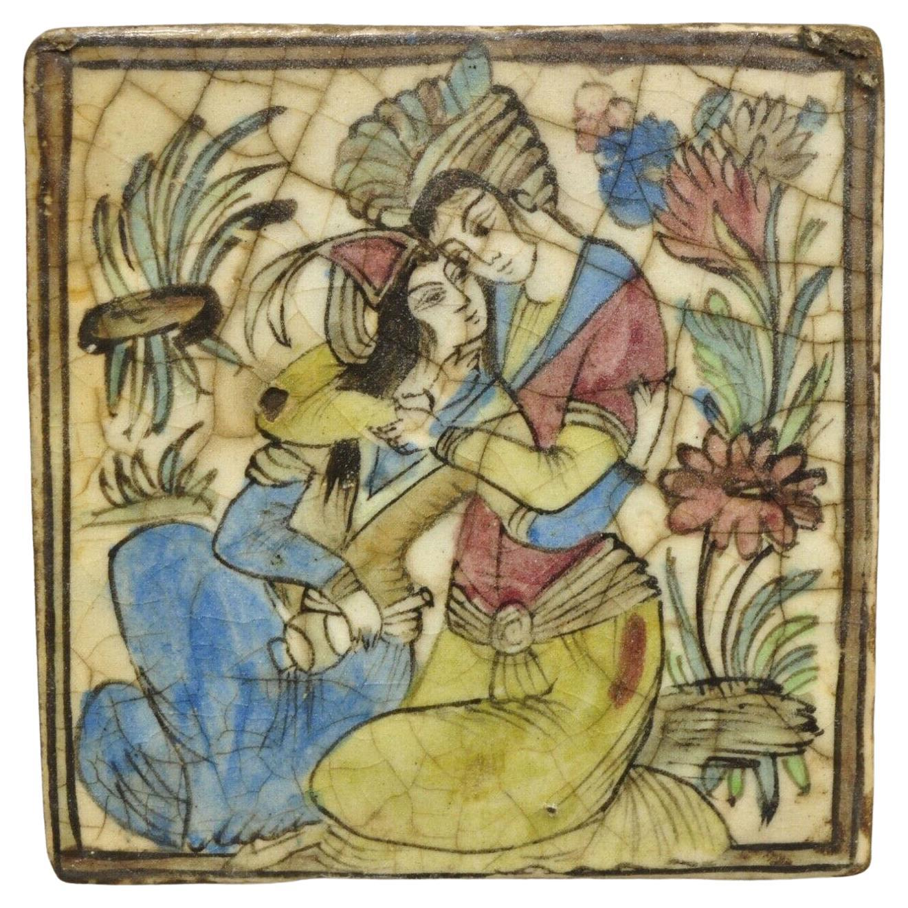 Antique Persian Iznik Qajar Style Ceramic Pottery Tile Hexagonal Blue ...