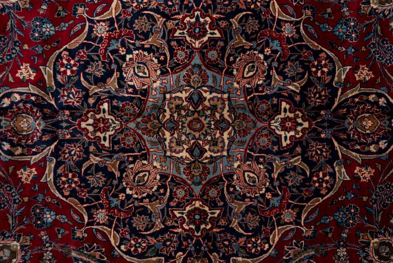 Antique Persian Kashan Carpet, Dark Red Field, Navy Borders, Baby Blue ...