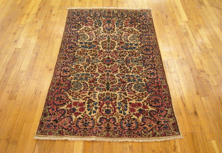 Antique Persian Kerman Oriental Rug, in Small Size, with Ivory Field ...
