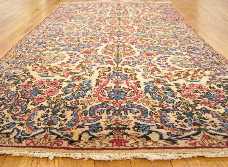 Antique Persian Kerman Oriental Rug, in Small Size, with Ivory Field ...