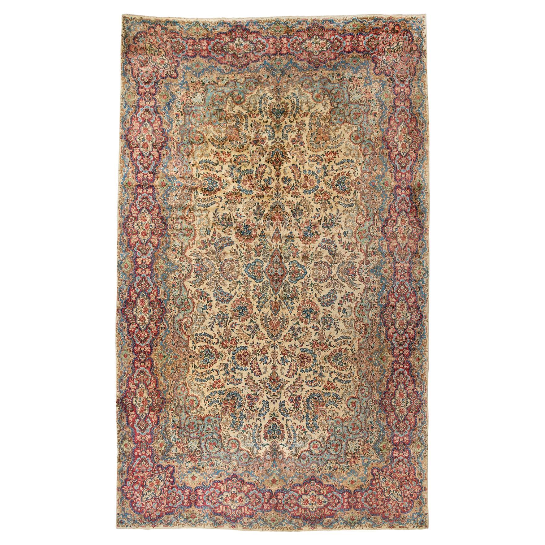 Square-Sized Antique Persian Kerman Rug with Flowers For Sale at 1stDibs