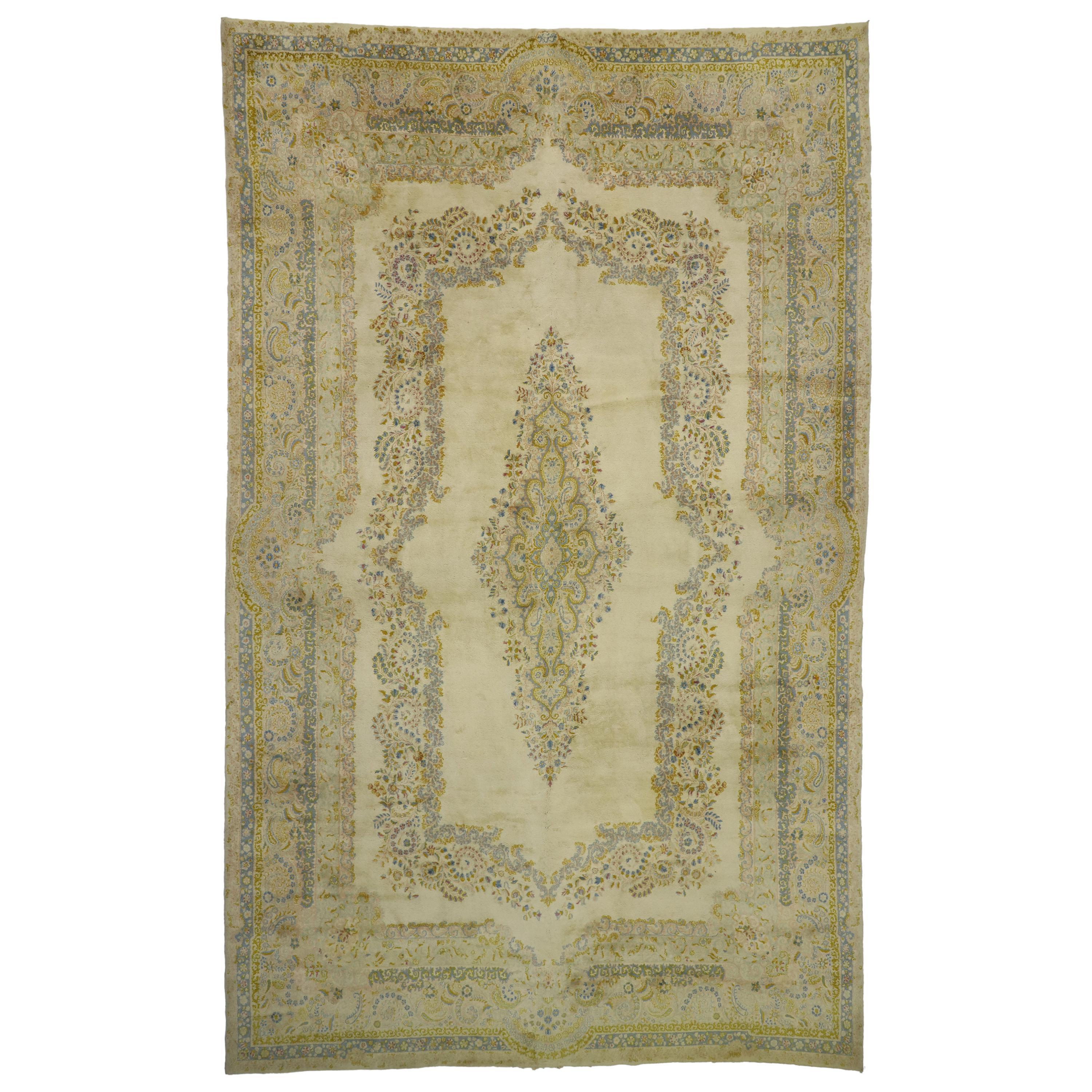 Distressed Antique Persian Kerman Rug with French Provincial and ...