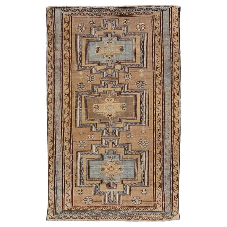Antique Persian Kurdish Rug in Wool with Tri-Medallion Design in Brown ...